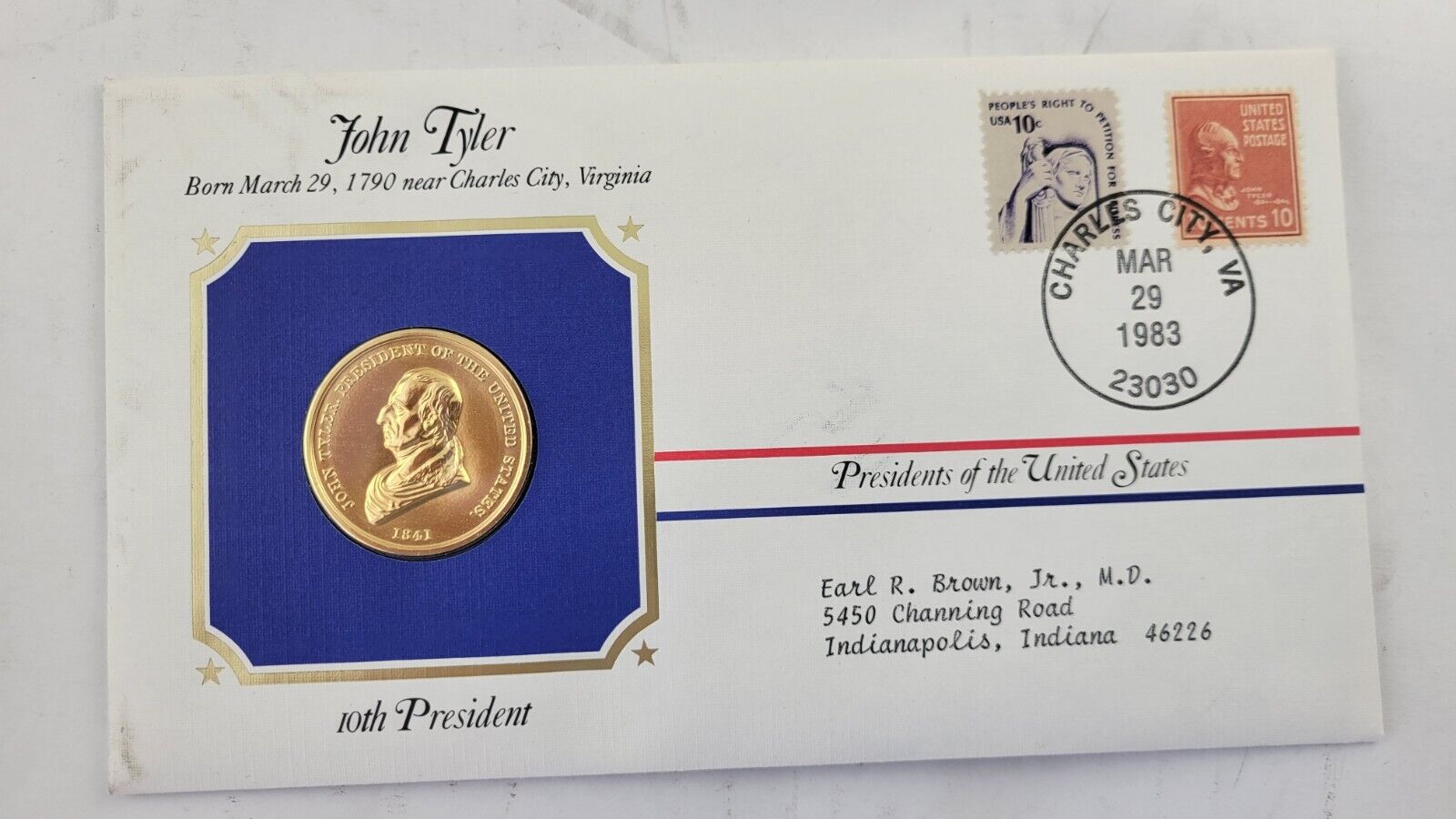 John Tyler Presidential Covers Medal Postal Commemorative Society Gold ...