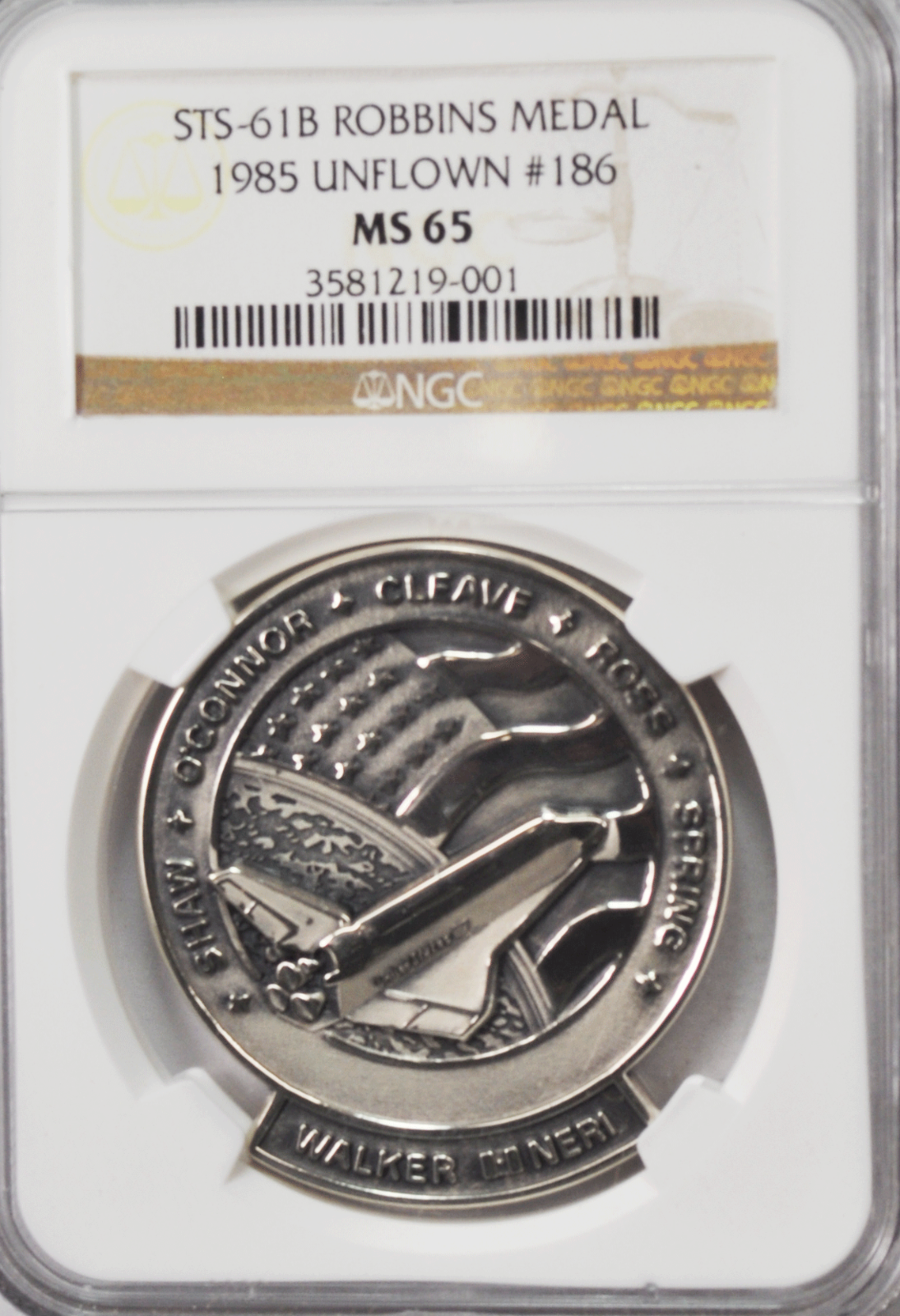 1985 STS-61B Robbins Silver Space Medal Unflown #186 NGC MS65 Atlantis ...