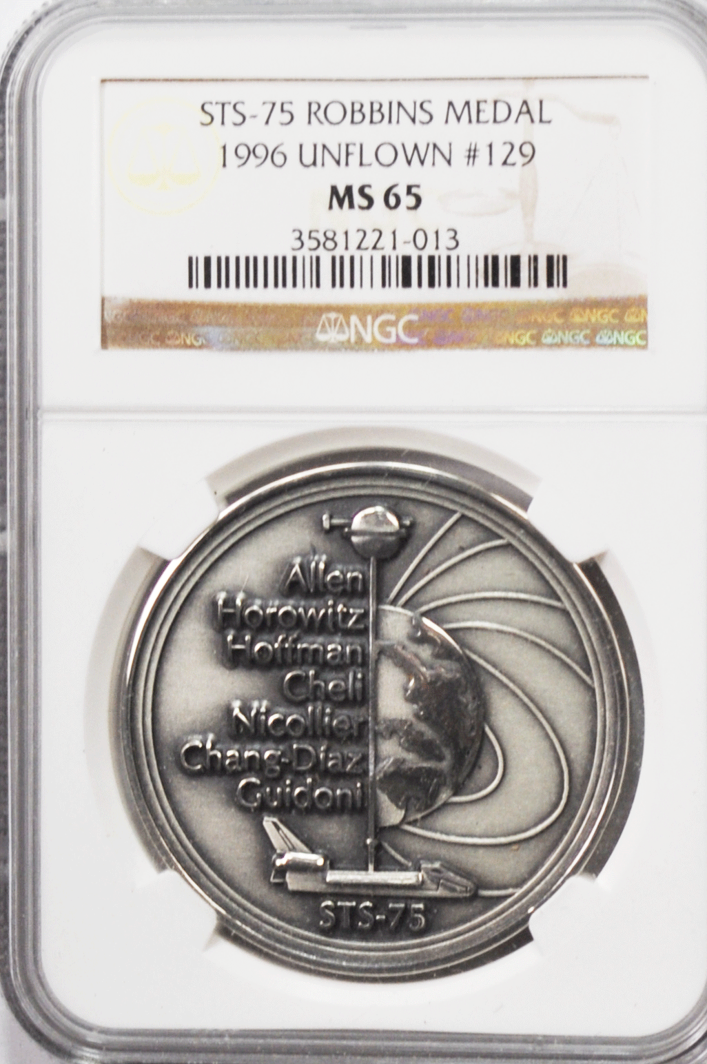 1996 STS-75 Robbins Space Silver Medal Unflown #129 NGC MS65 Columbia – Precious Metals & Gems