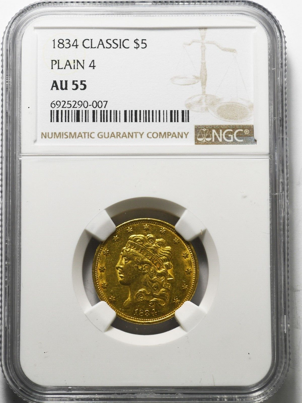 1834 $5 Classic Head Plain 4 Five Dollars Half Eagle Gold Coin NGC AU5 ...