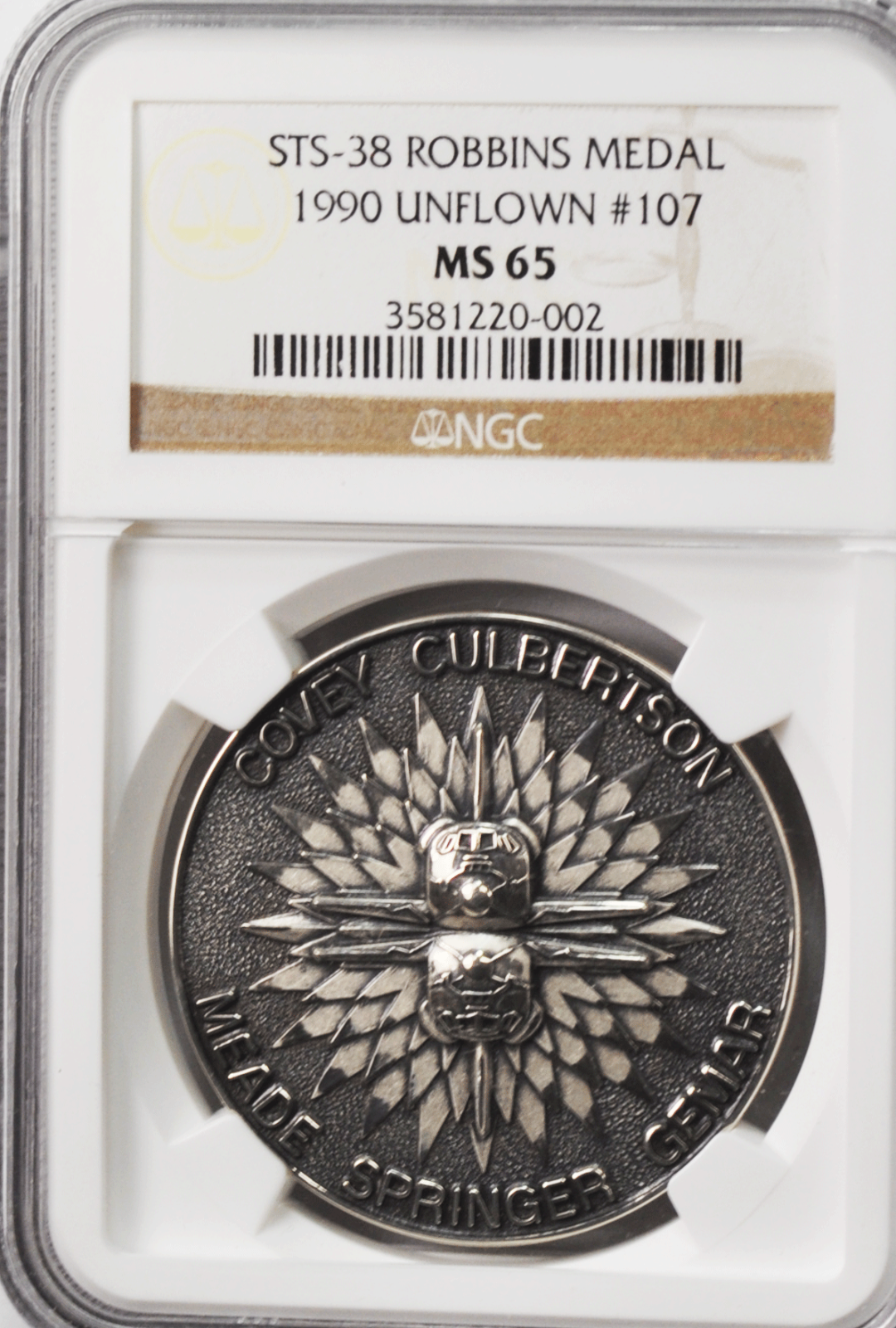 1990 STS-38 Robbins Silver Space Medal Unflown #107 NGC MS65 Atlantis ...