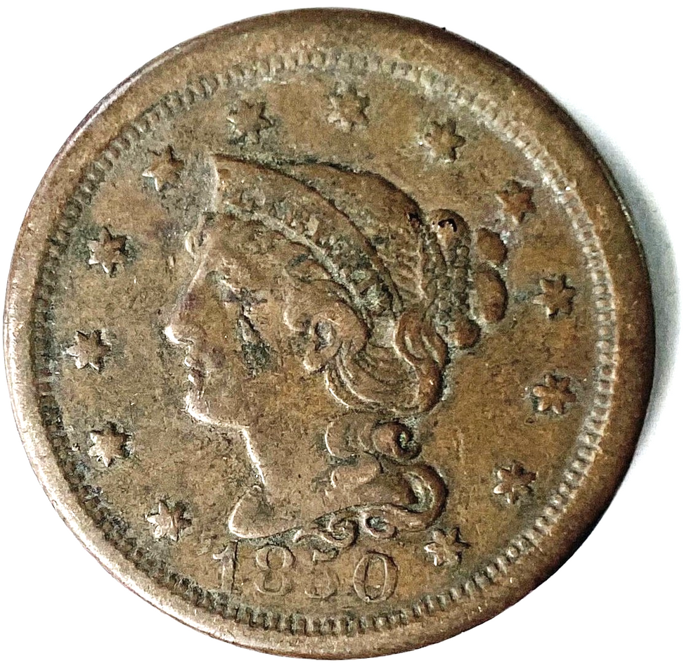 1850 1c Braided Hair Large Cent One Penny US Coin – Precious Metals & Gems
