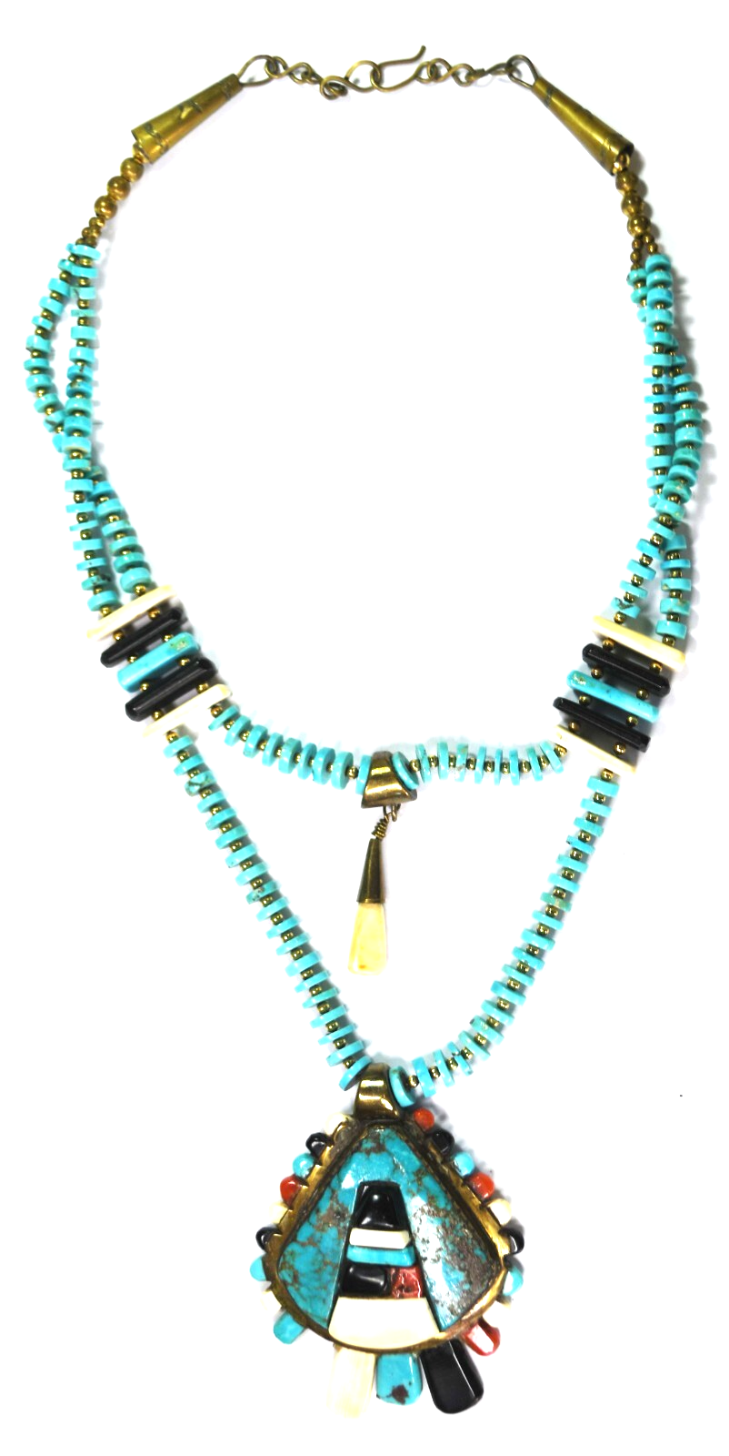 Large Turquoise Onyx Coral Disc Bead Bronze 22" Necklace 3.75" Pendant ...