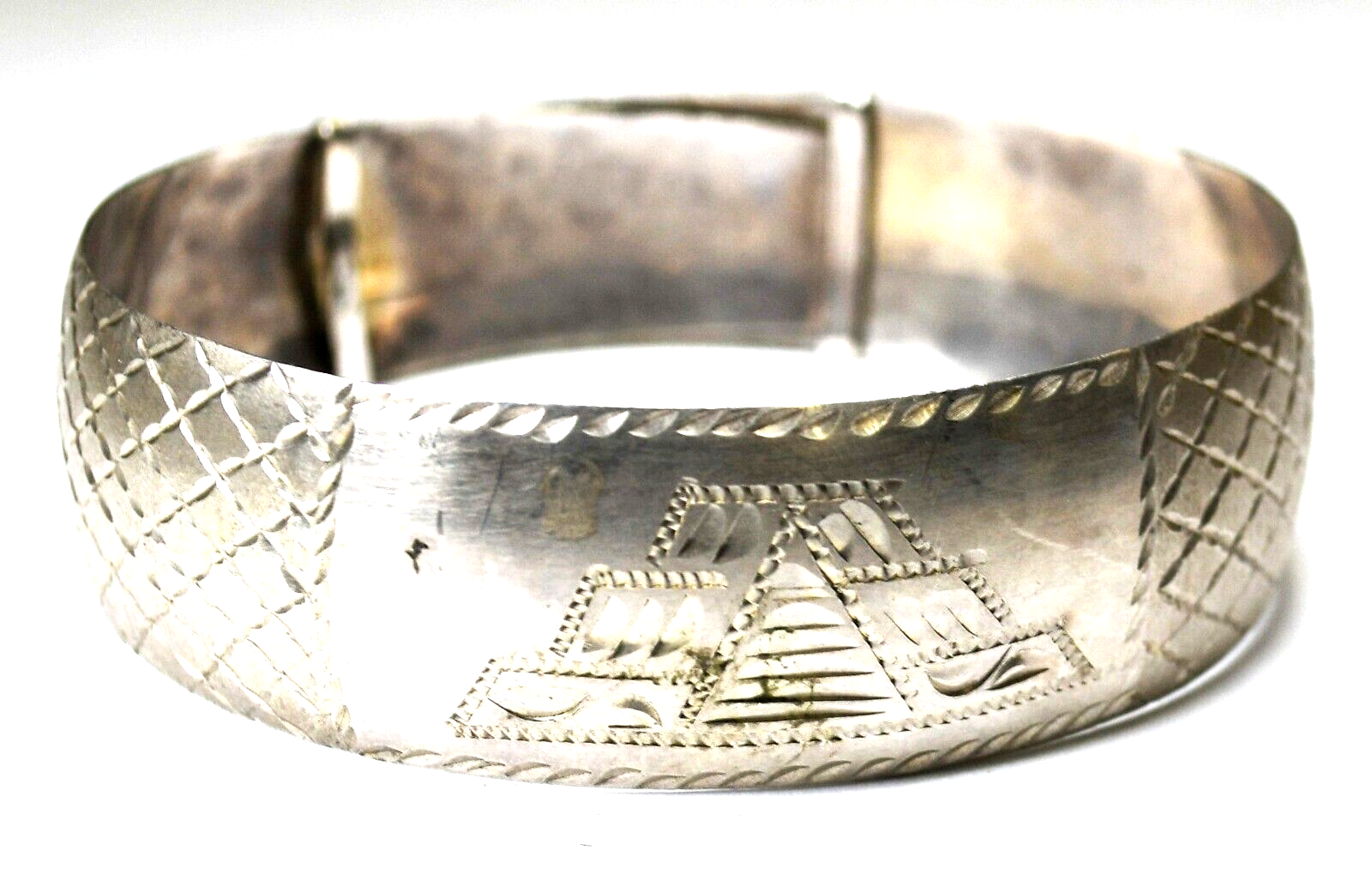 Sterling Mexico Aztec Pyramid Temple Etched Adjustable Bangle Bracelet ...