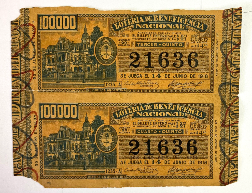 1918 Argentina National Charity Lottery Ticket 100.000 Worth $4.20 on ...