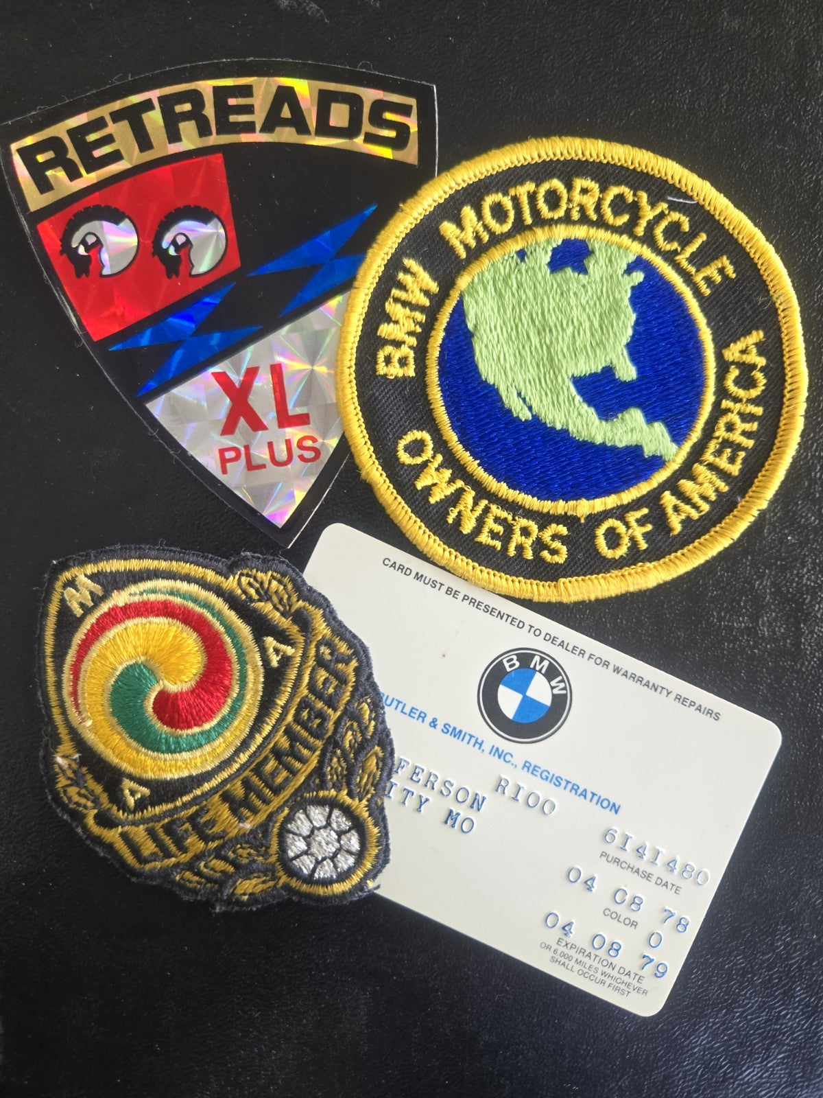 Retreads XL Plus Sticker, BMW Motorcycle, AMA Life Member Patch, 1978 ...