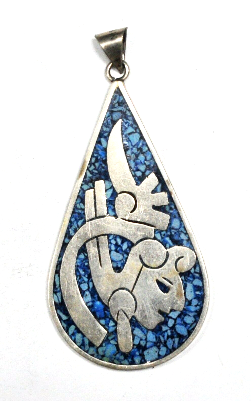 Silver Plated Green Blue Turquoise Chip Inlay Teardrop Mayan Mexico Pe ...